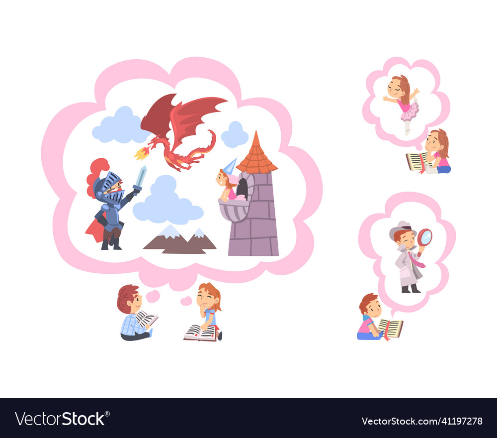 Children reading fairy tale and fantasy book about