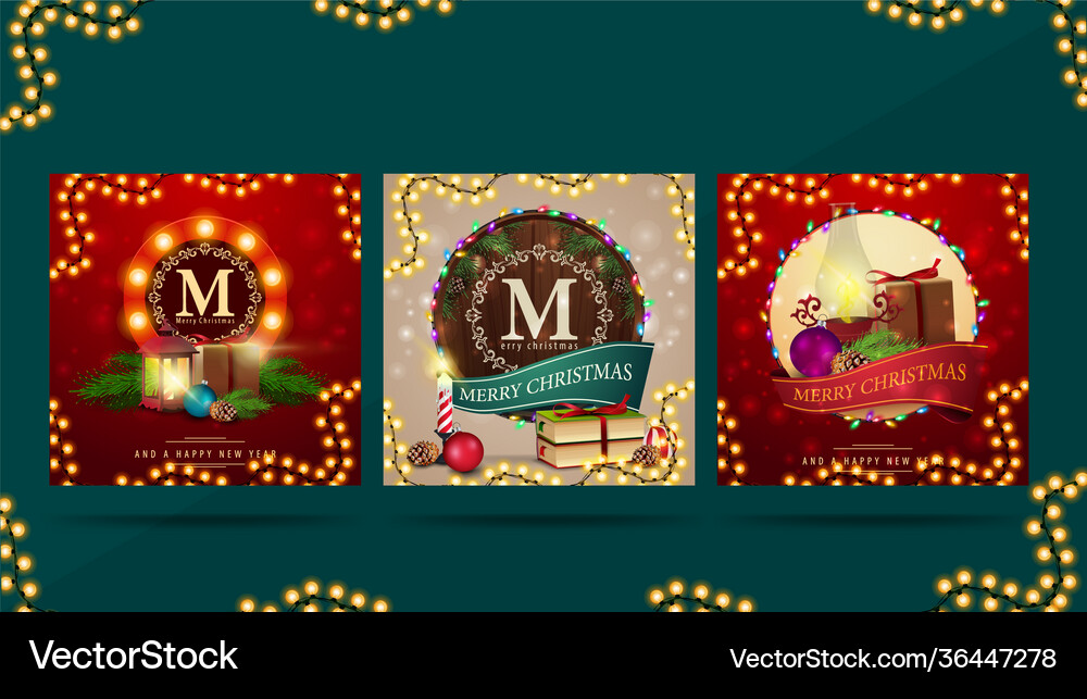 Christmas square postcards with round greeting Vector Image