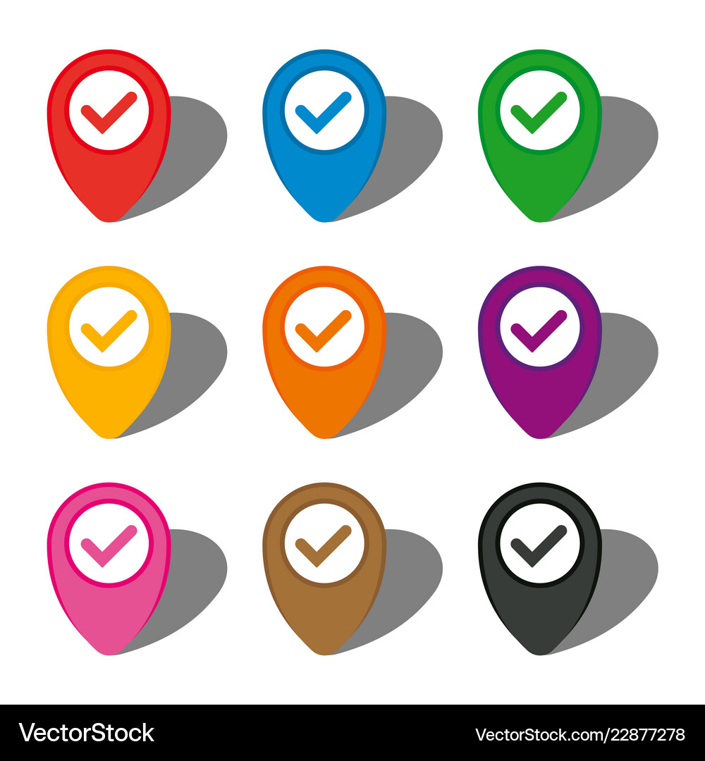 Set of nine colorful map pointers with check sign Vector Image