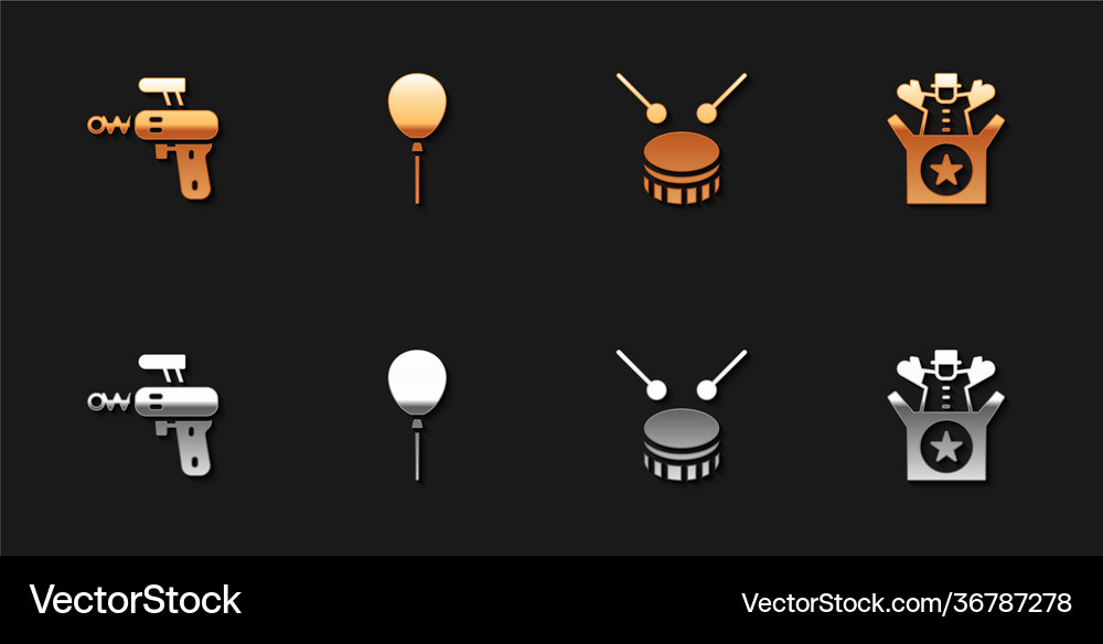 Set ray gun balloons with ribbon drum Royalty Free Vector