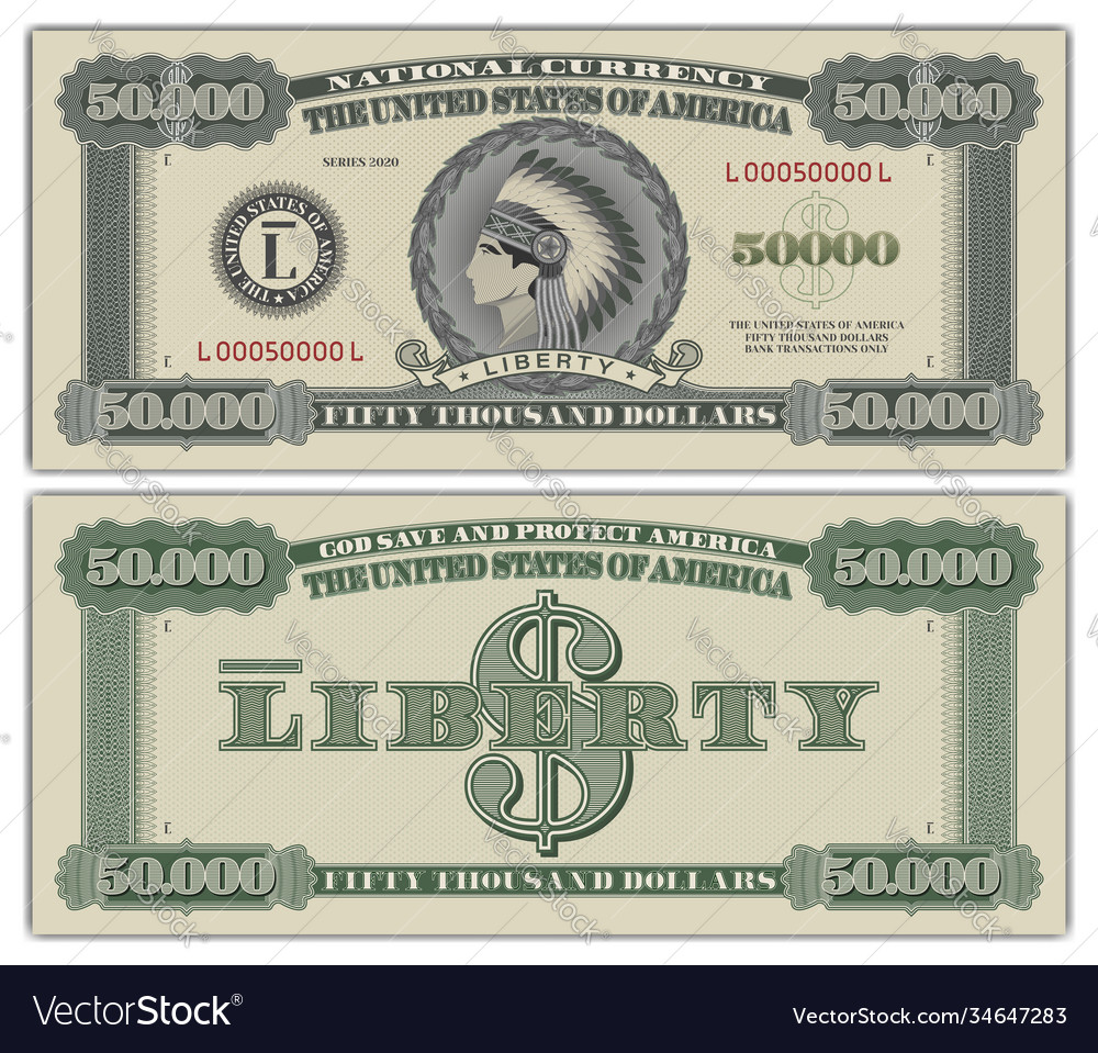 Fictional Us Paper Money 50000 Dollars Indian Vector Image