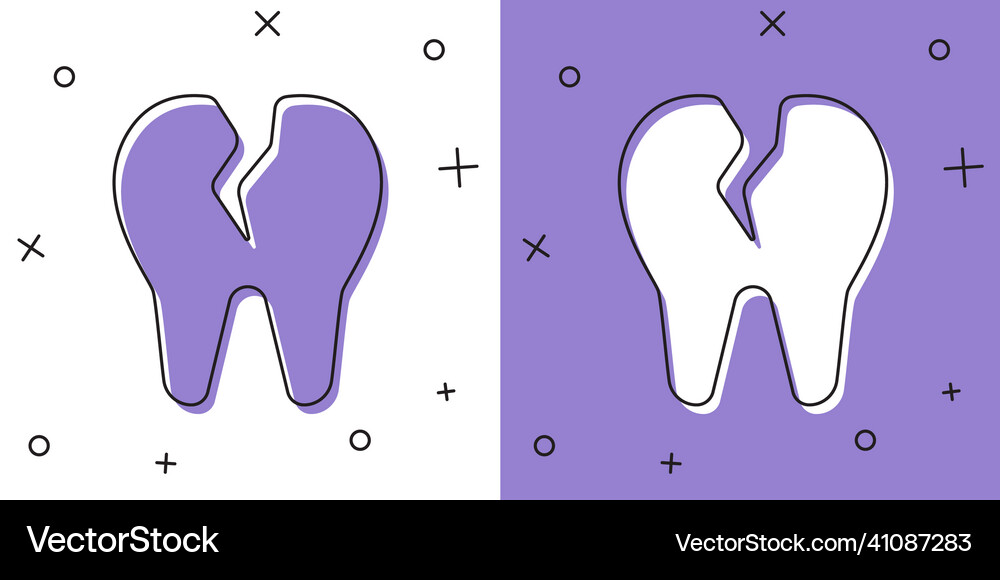 Set broken tooth icon isolated on white and purple