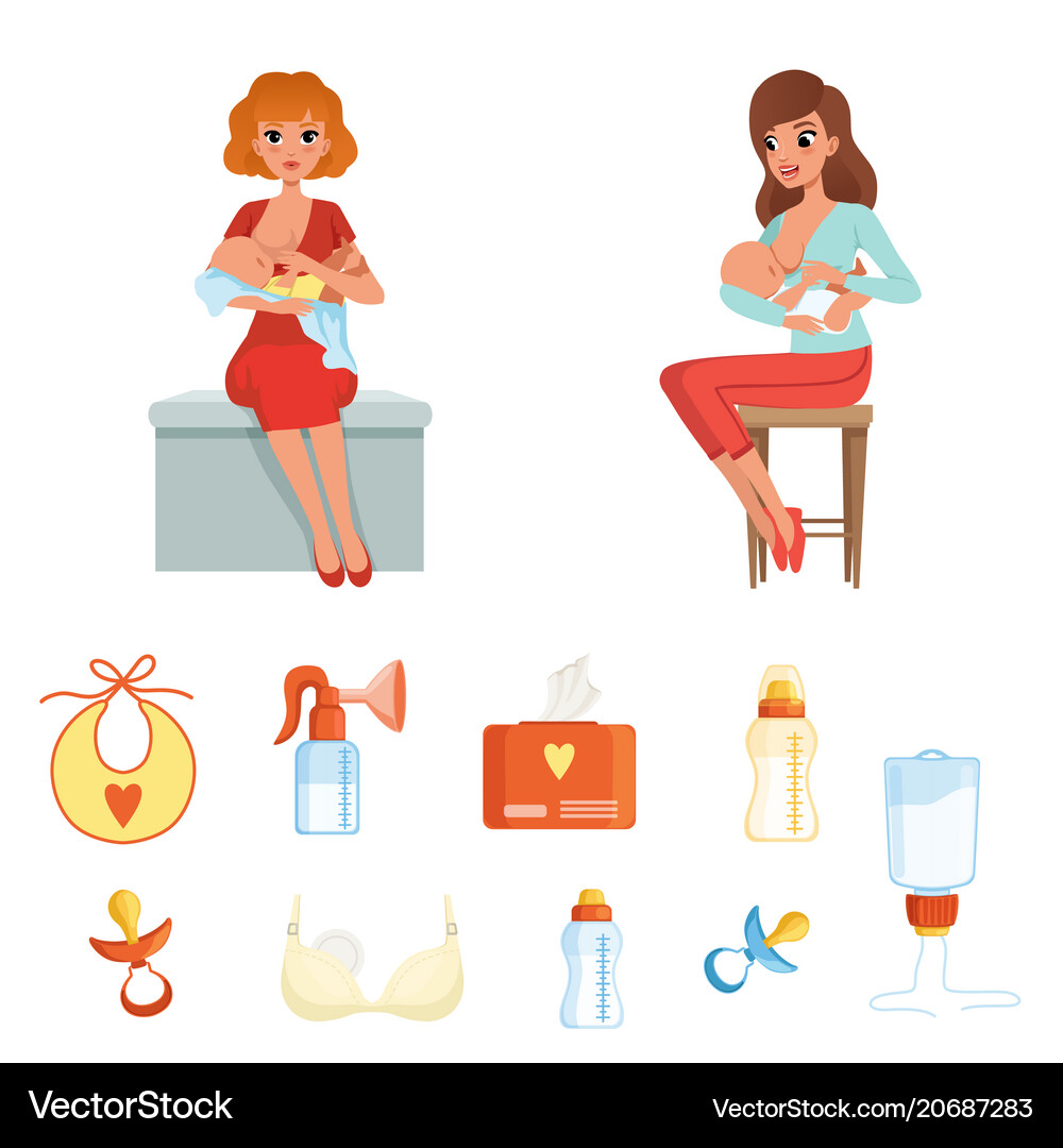 Set of colorful items related to breastfeeding Vector Image