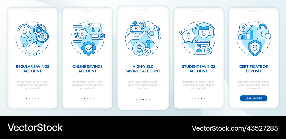 Types of saving accounts blue onboarding mobile Vector Image