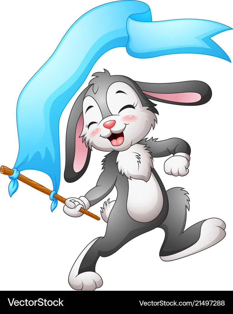 Cartoon rabbit waving flags blue ribbon Royalty Free Vector