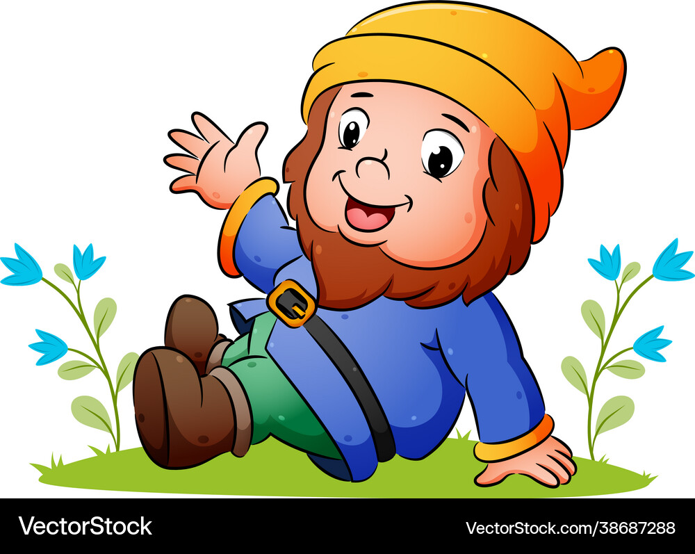 Cute dwarf is sitting on grass and waving Vector Image