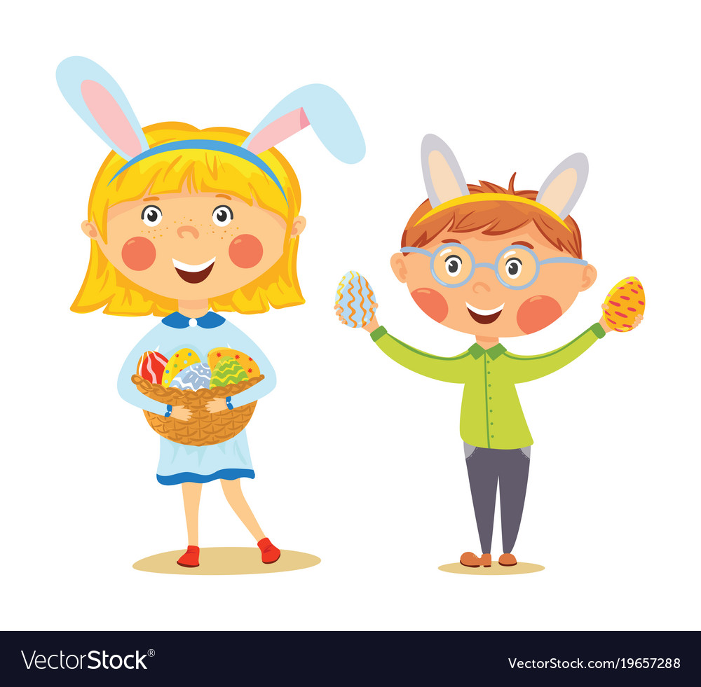 Easter kids in bunny ears with basket full of eggs