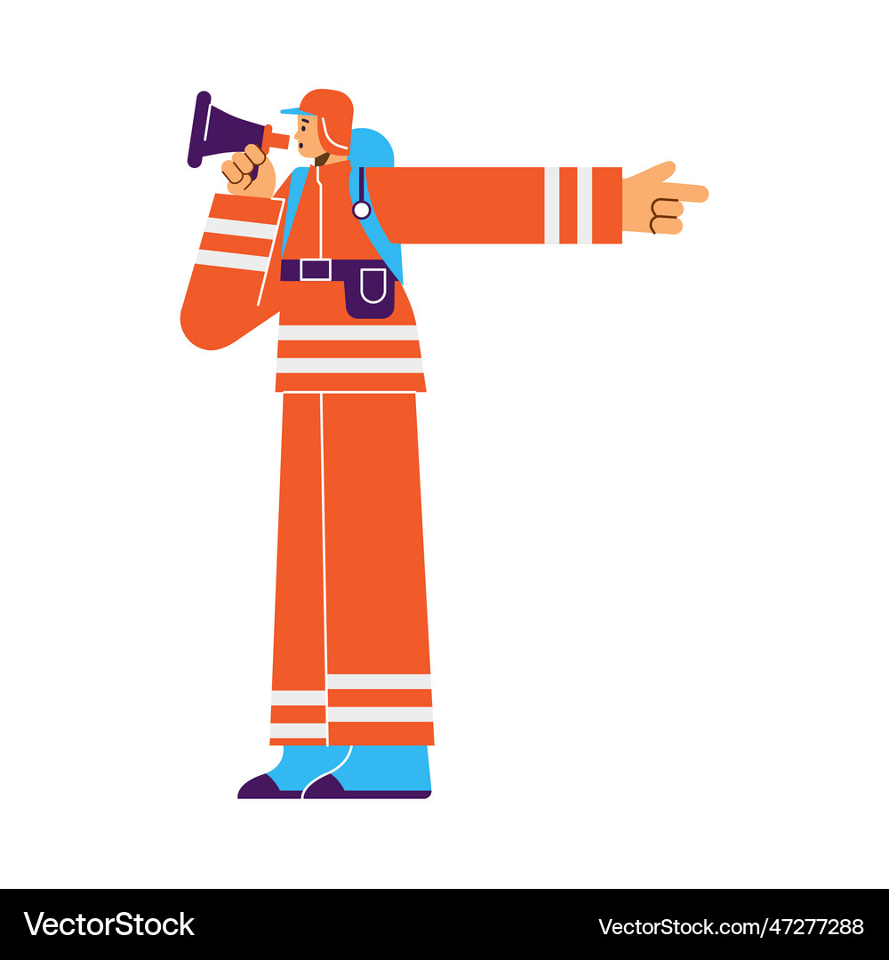 Rescue team fireman with megaphone announces Vector Image