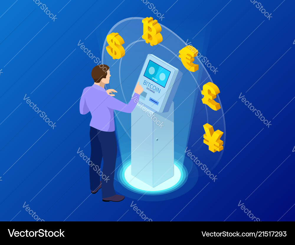 Isometric modern bitcoin atm cryptocurrency cash Vector Image
