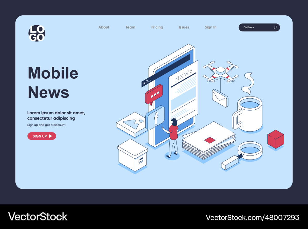 Mobile news concept in 3d isometric design Vector Image