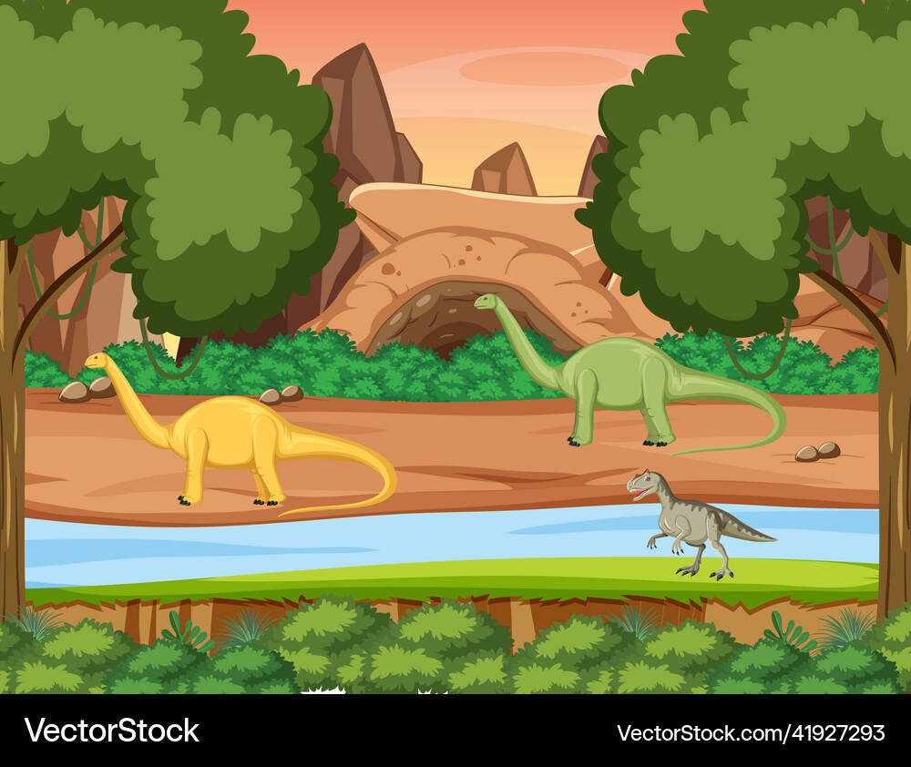 Nature scene with trees on mountains dinosaur Vector Image