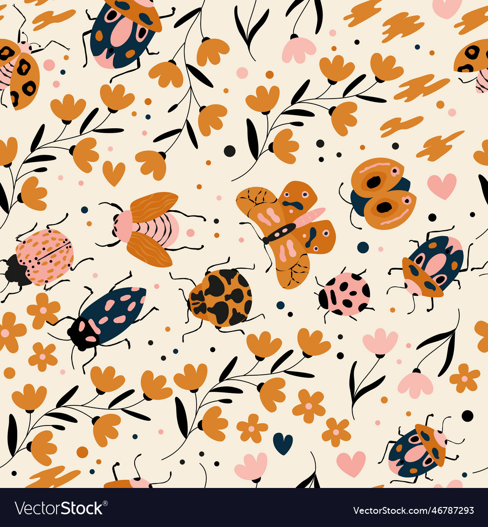 Seamless pattern with cute bugs beetles moth Vector Image