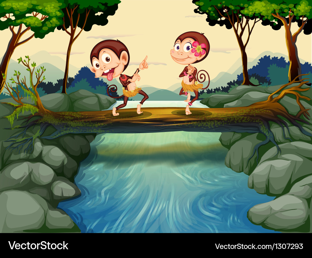 Two monkeys dancing while crossing the river Vector Image