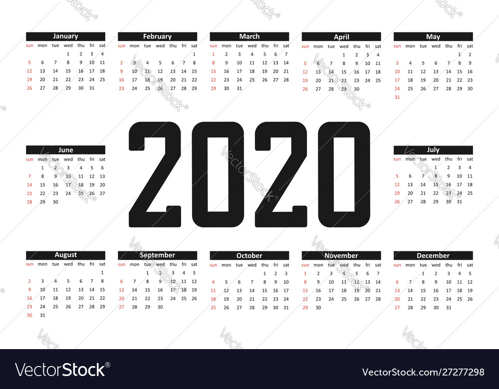 2020 calendar template simple basic grid Vector Image