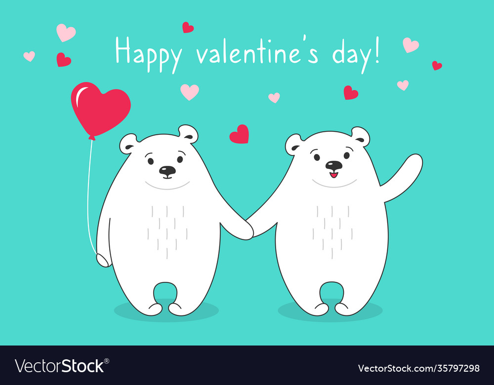 Couple polar bear balloon hearts valentines card Vector Image
