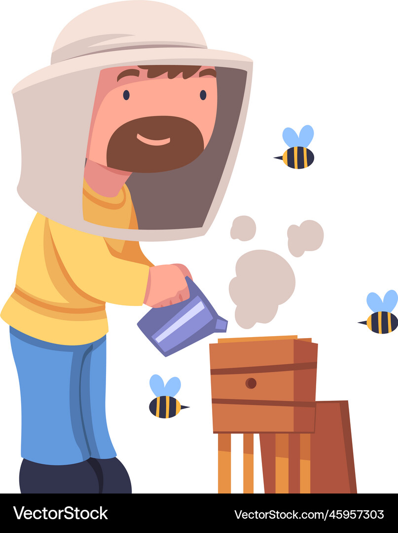 Bearded beekeeper with smoker keeping honey bee Vector Image