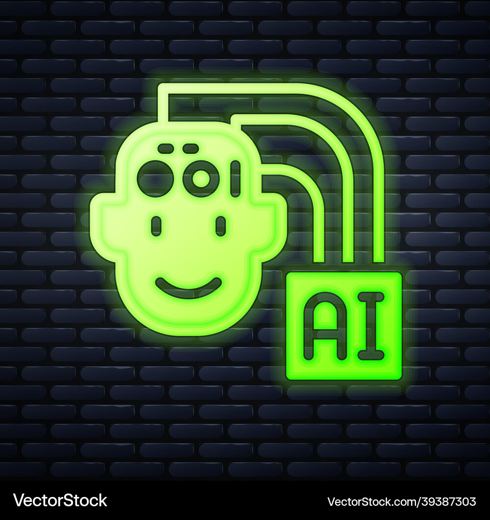 Glowing neon humanoid robot icon isolated on brick
