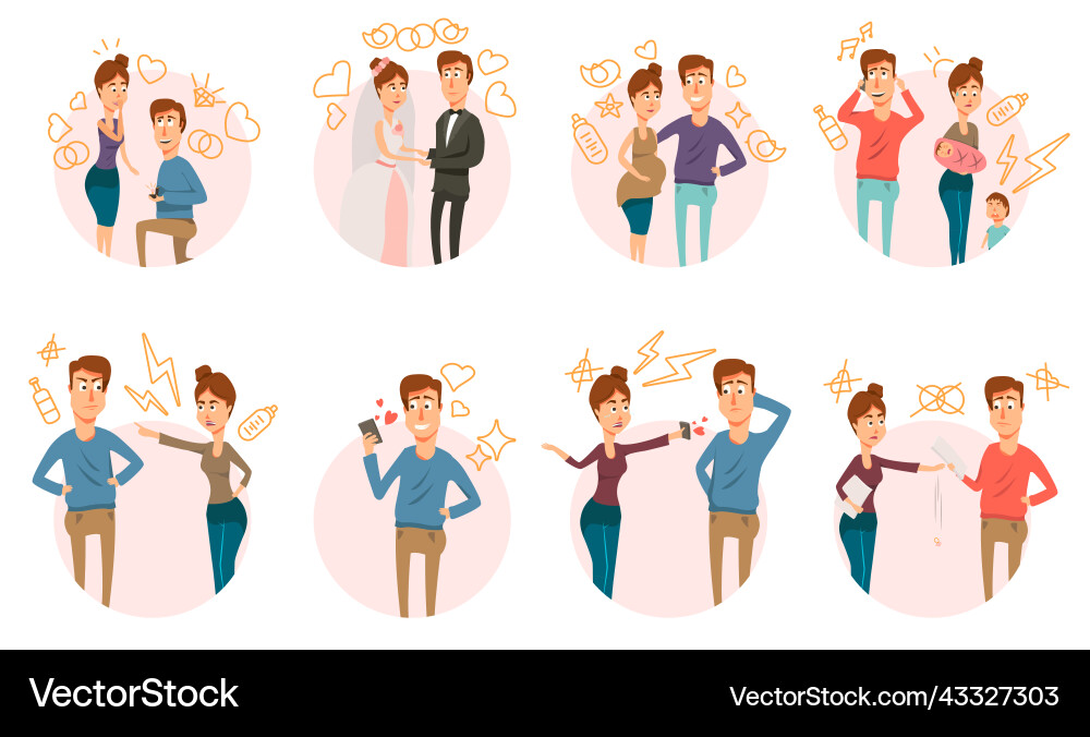 Marriage divorce icons collection Royalty Free Vector Image
