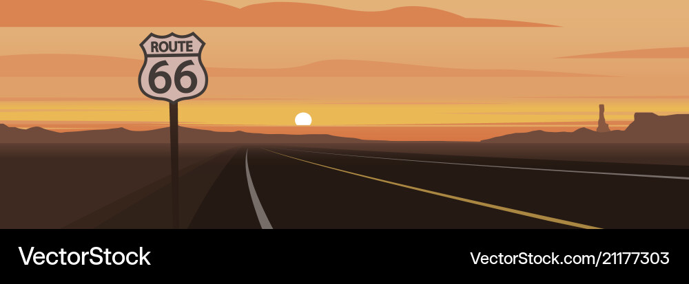 Road and route 66 sign sunset scene Royalty Free Vector