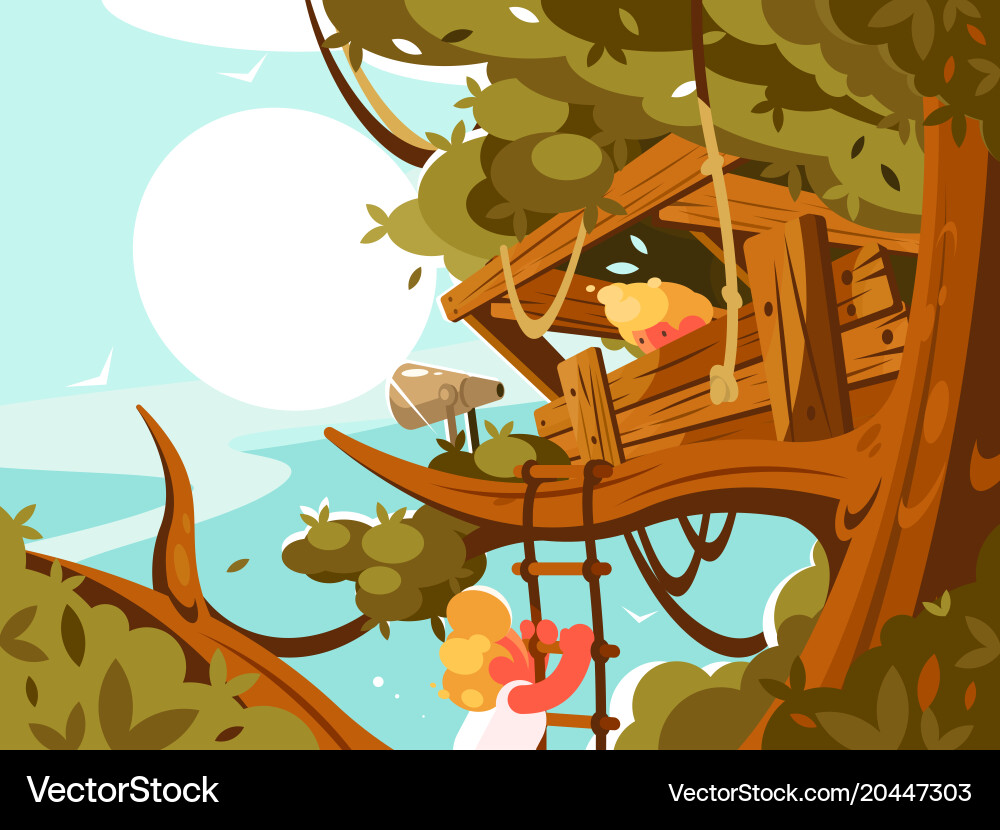 Wooden house on green tree Royalty Free Vector Image