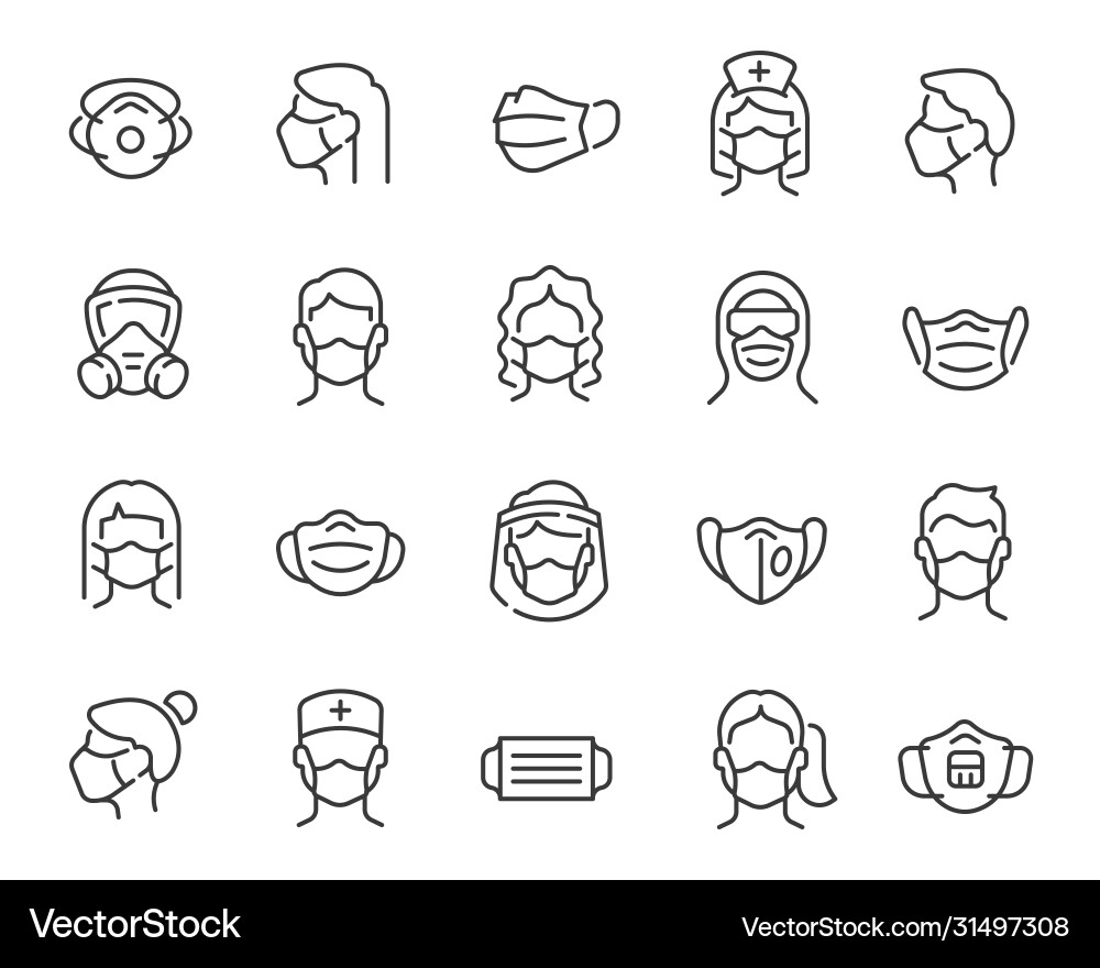 Medical mask icons set editable stroke Royalty Free Vector