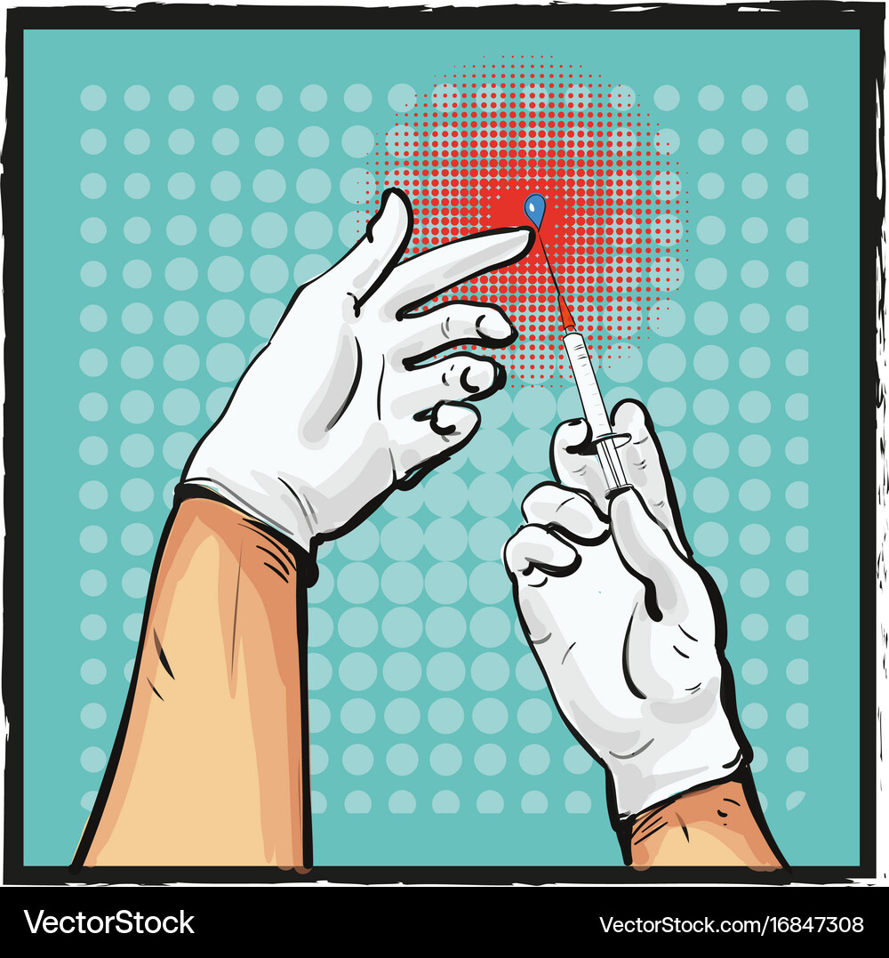 Pop art comic doctor hand press syringe ready Vector Image