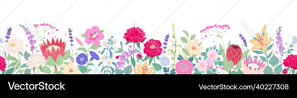 Seamless border with blooming garden flowers Vector Image