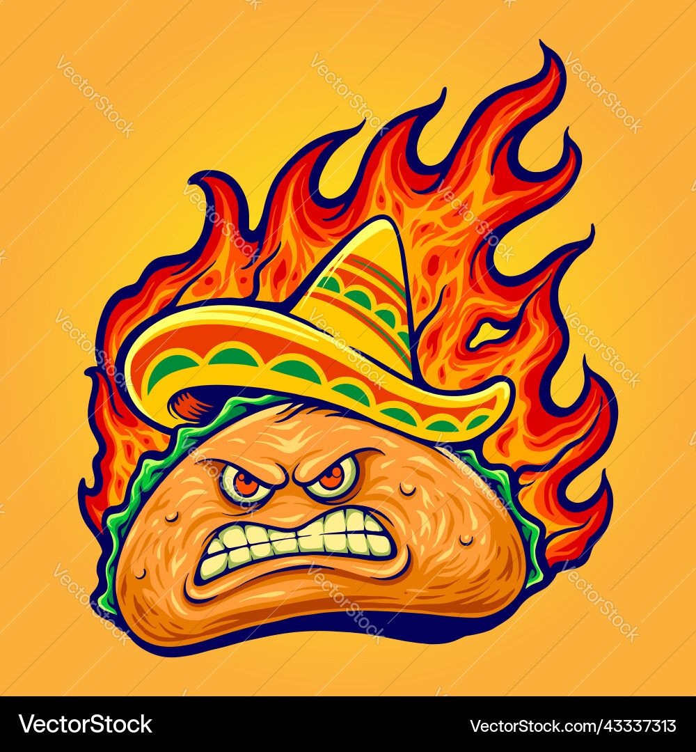 Angry delicious mexican taco with blazing fire Vector Image