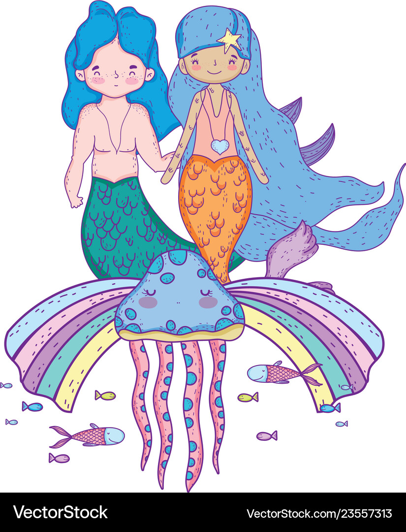 Couple mermaids with rainbow undersea Royalty Free Vector