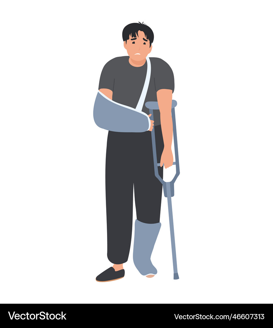 Man with crutches and plastered foot broken hand Vector Image