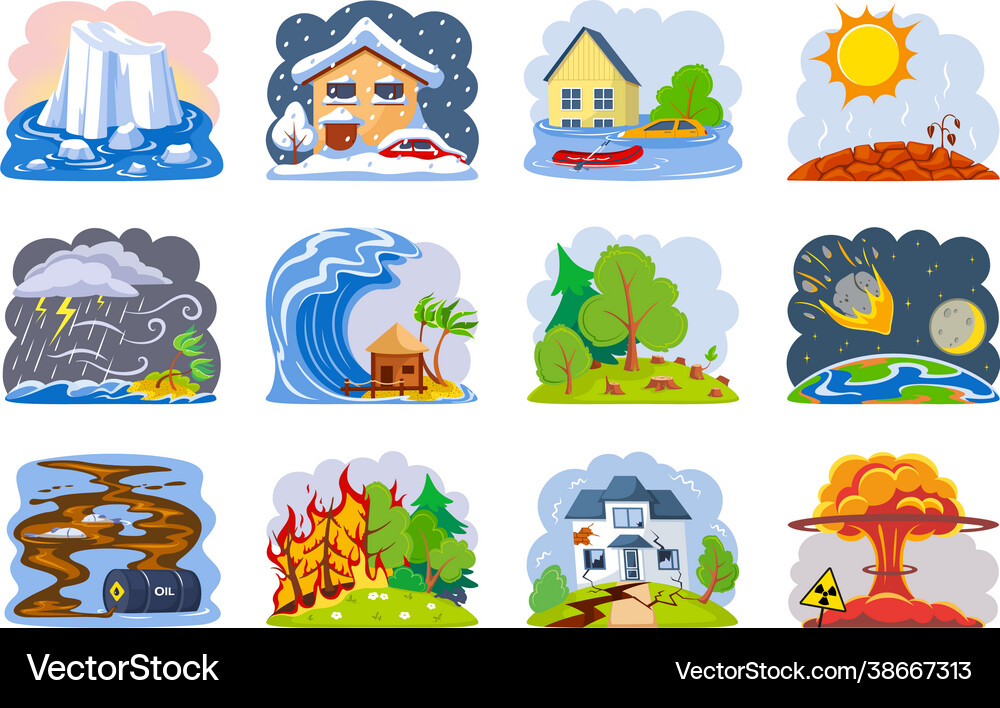 Set natural disasters fires tsunami flood ice Vector Image