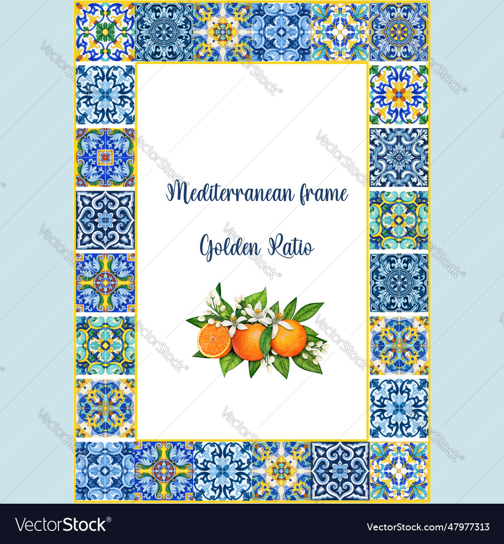Watercolor mediterranean traditional tiles freame Vector Image