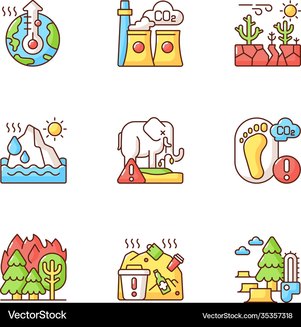 Global warming rgb color icons set Royalty Free Vector Image