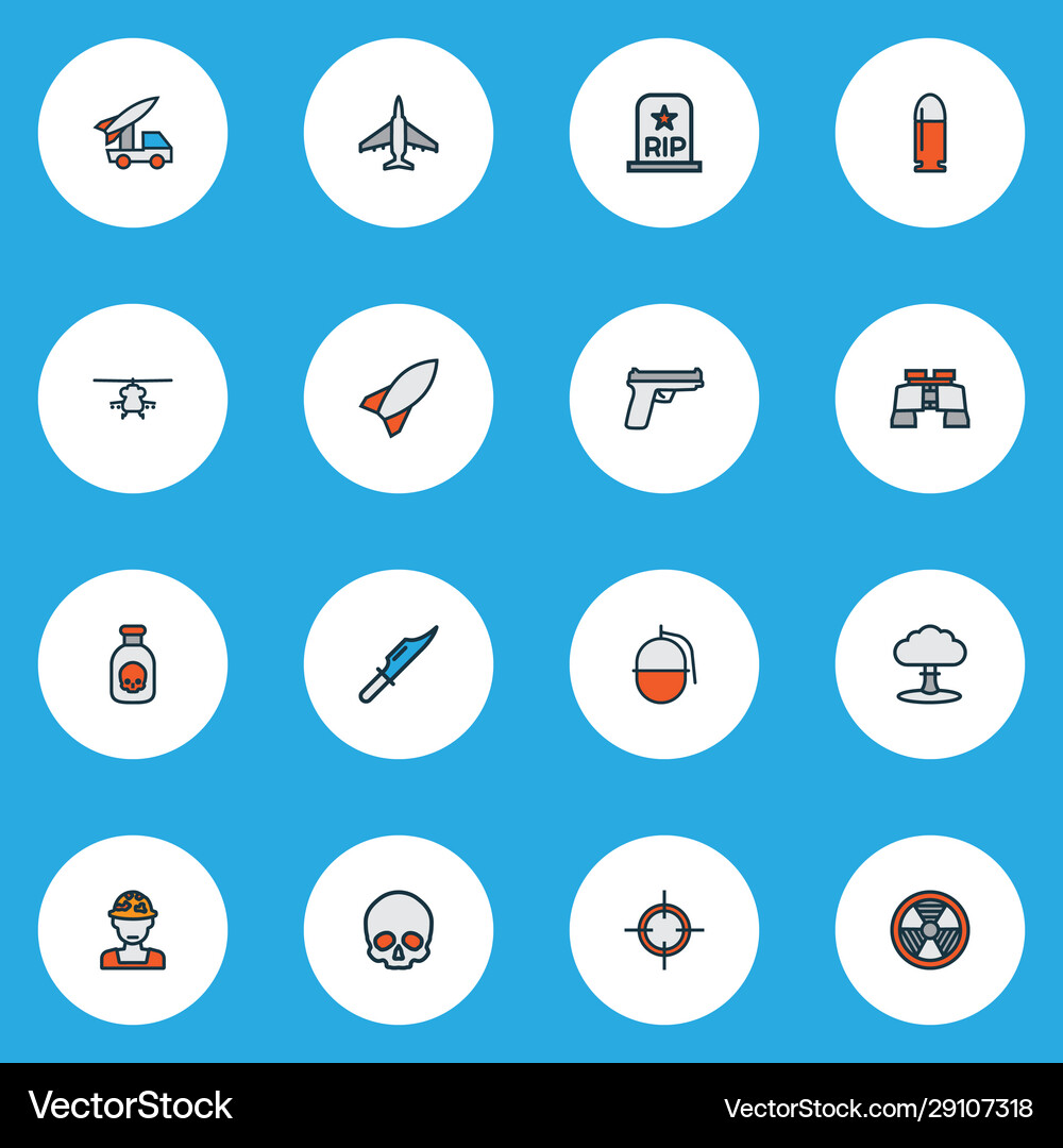 Warfare icons colored line set with bio hazard Vector Image