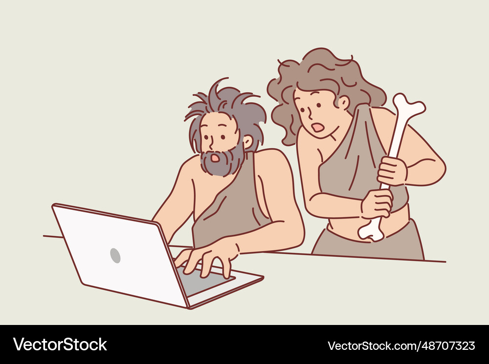 Neanderthal people use laptop and shocked to learn