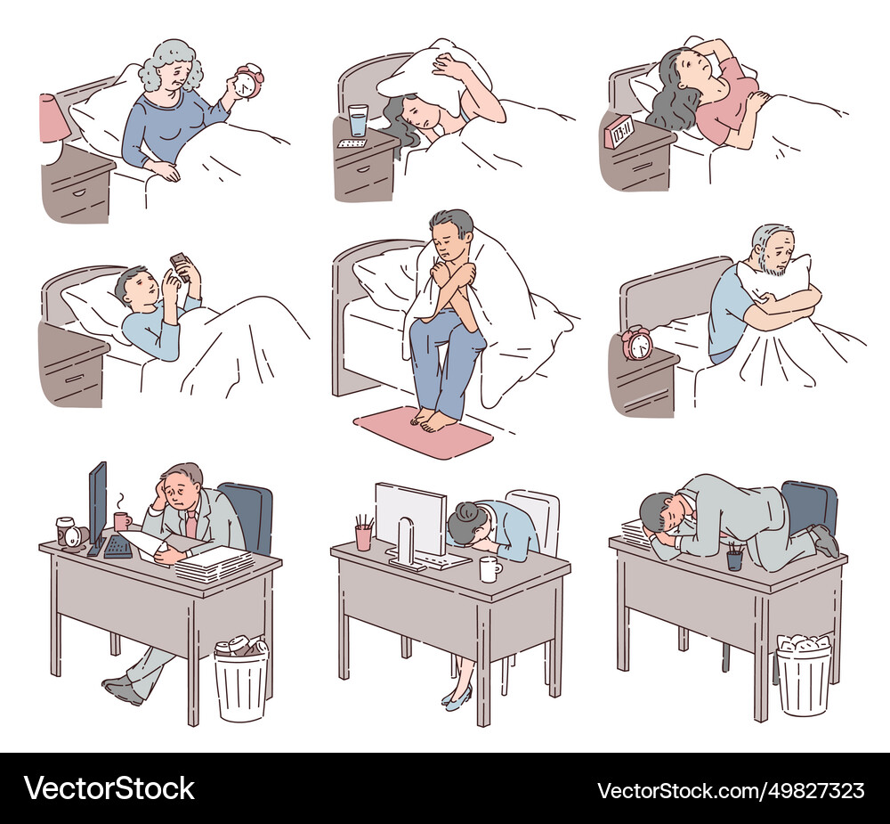 People with insomnia suffering from no sleep Vector Image