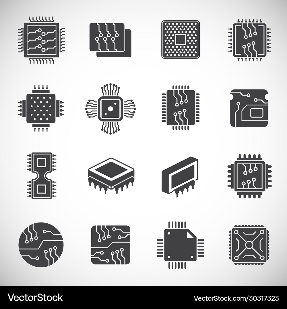 Processor chip related icons set on background Vector Image