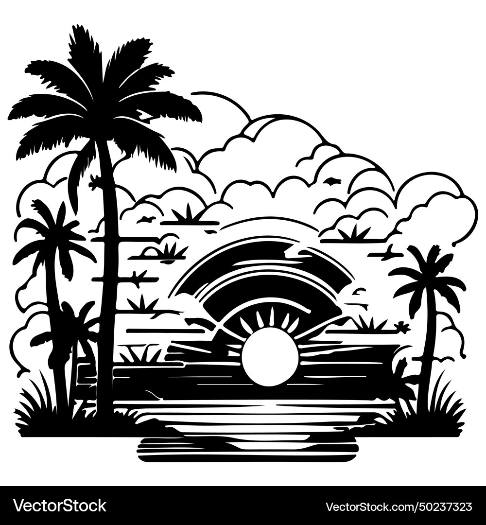 Summer beach sunset palm trees sketch hand draw Vector Image