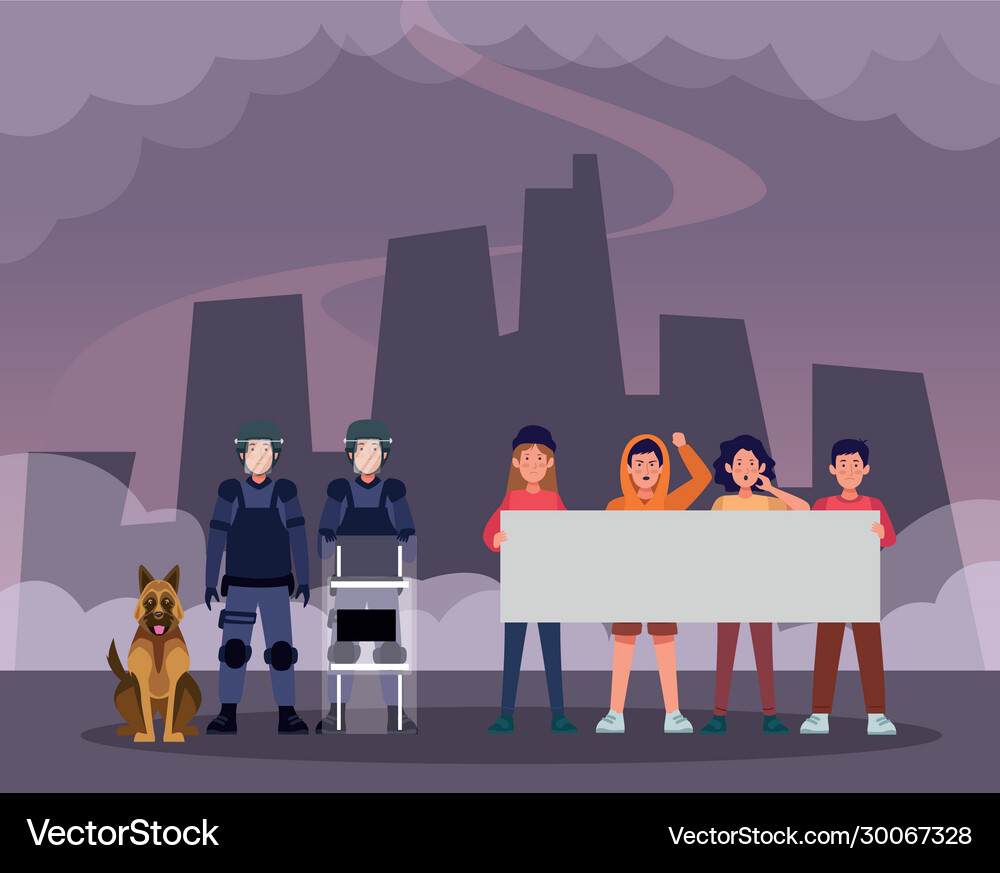 Activists people protesting with riot police Vector Image