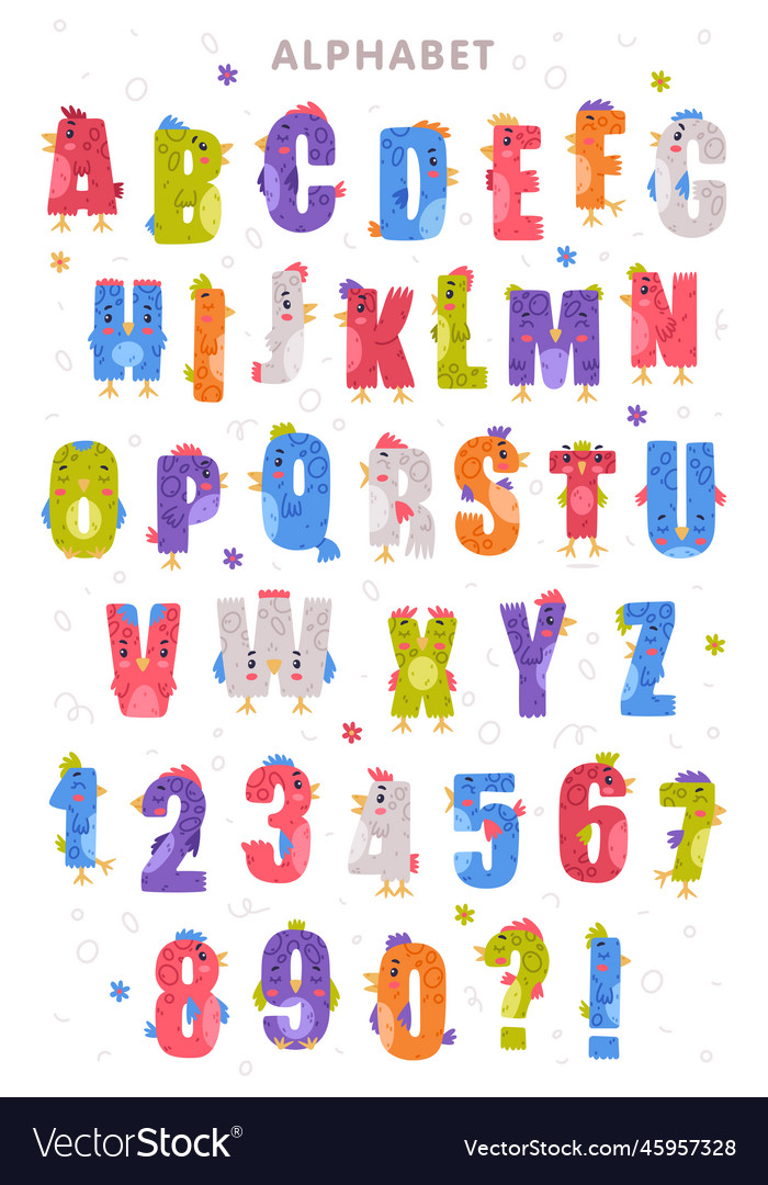 Bird alphabet letters and numbers bright colorful Vector Image