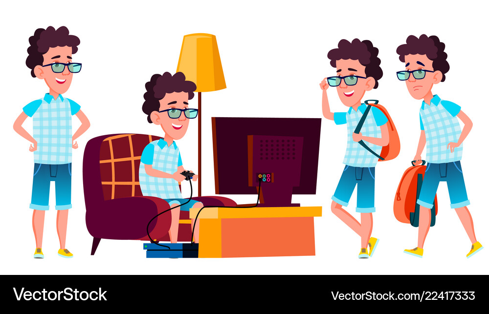 Boy schoolboy kid poses set high school Royalty Free Vector