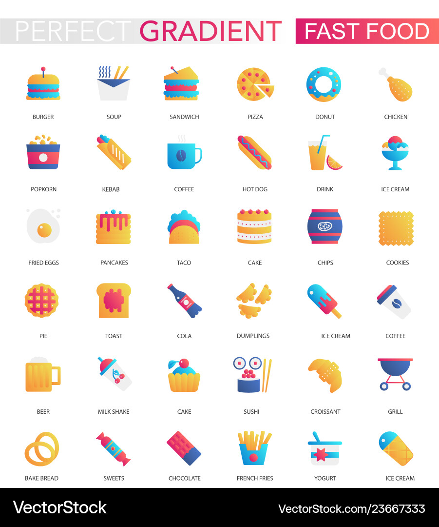 Set trendy flat gradient fast food icons Vector Image