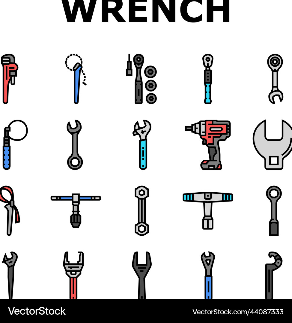 Wrench tool spanner repair icons set Royalty Free Vector