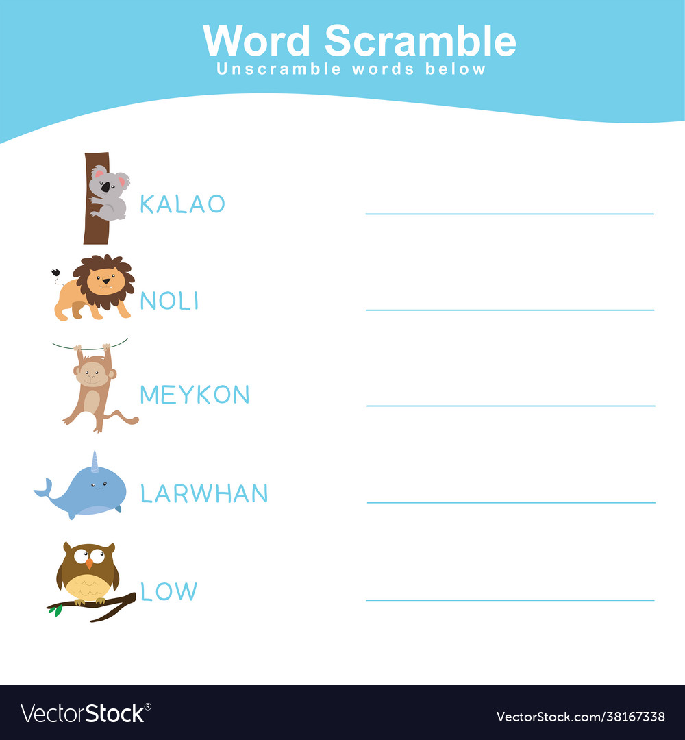 Animal spelling word scramble preschool worksheet Vector Image