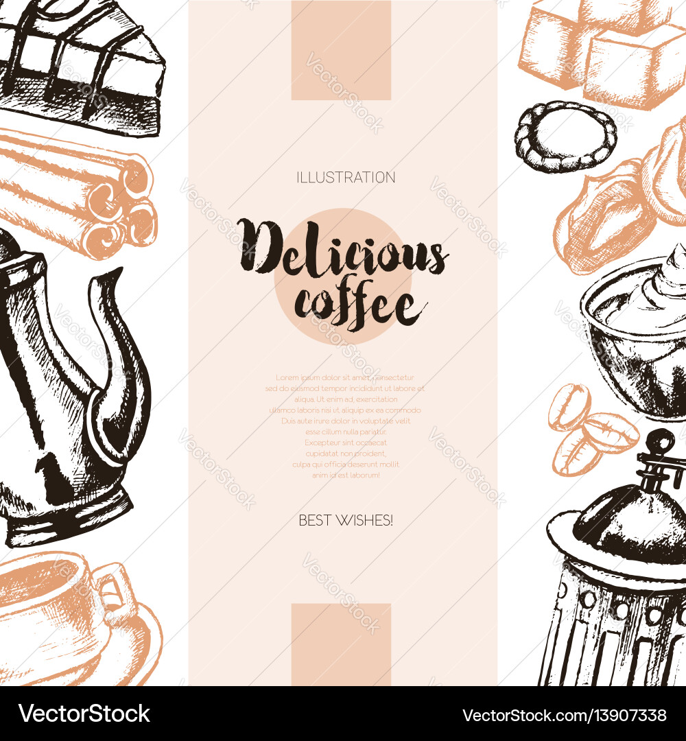 Delicious coffee - color hand drawn composite Vector Image