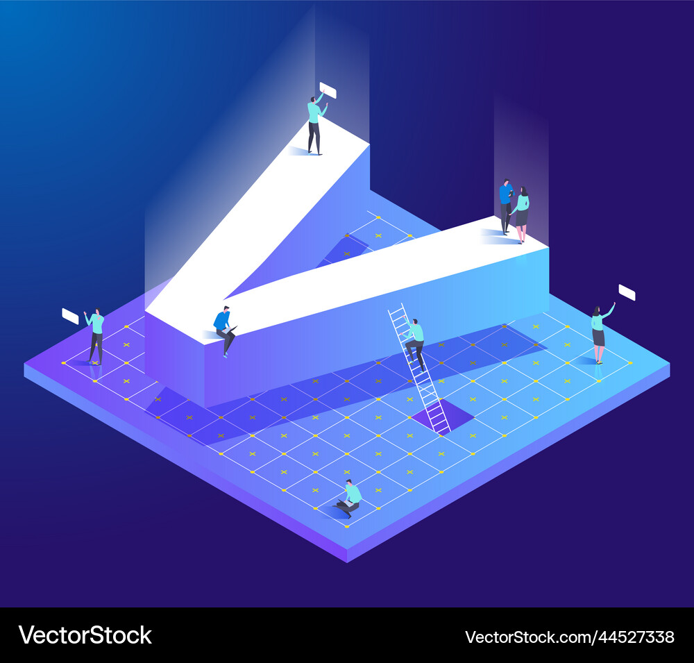 Isometric creative font letter v with small people