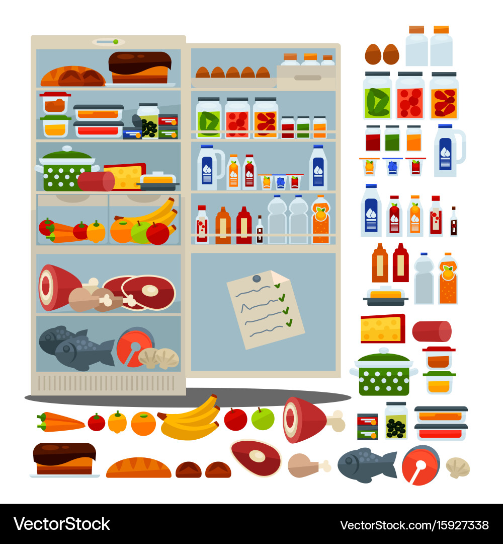 Open fridge full delicious food and drinks Vector Image