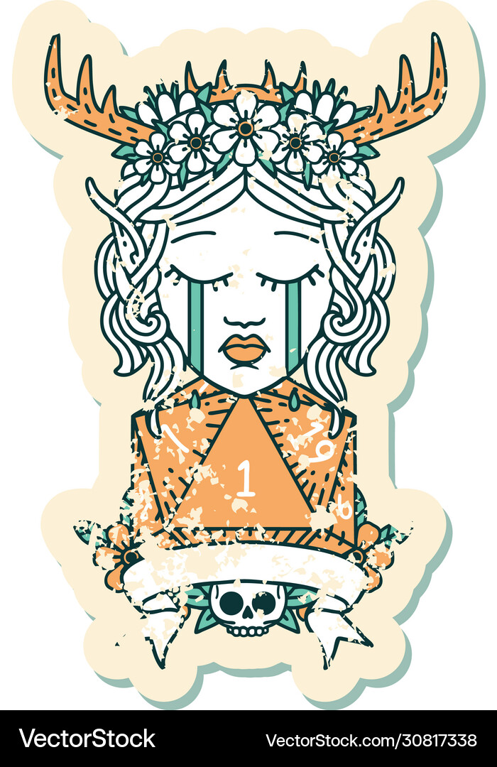 Sad elf druid character face with natural one d20 Vector Image
