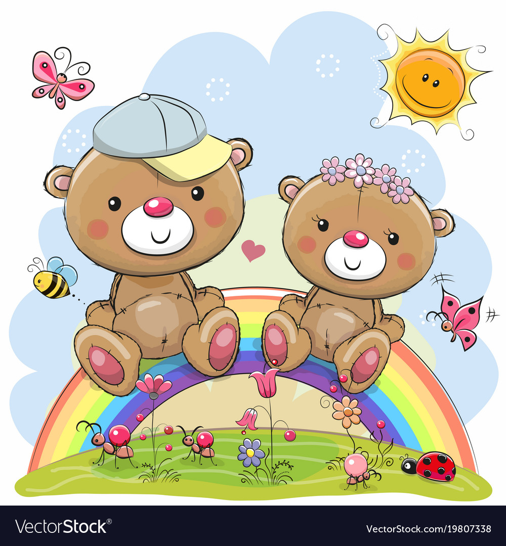 Two teddy bears are sitting on the rainbow Vector Image