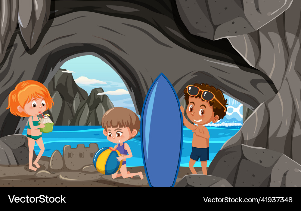 In cave scene with children exploring cartoon Vector Image